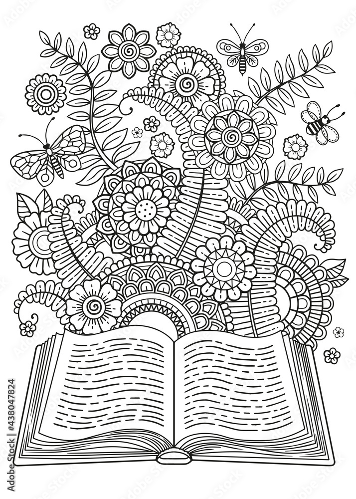 Black and white coloring book page for adult. Opened book. Reading book ...