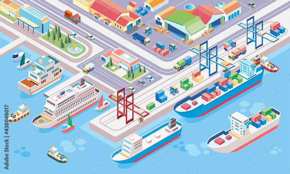 isometric illustration of central port for cargo ships and cruise ships ...