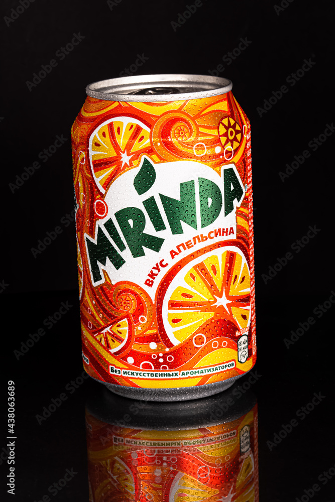 St. Petersburg, Russia, February 29, 2020. Mirinda orange drink, on ...