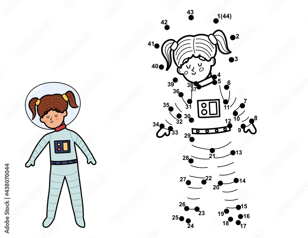 Connect the dots and draw a cute girl astronaut. Space dot to dot ...