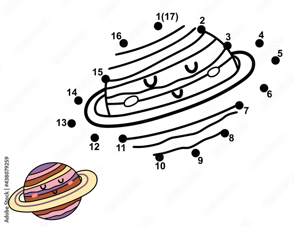 Connect the dots and draw a cute planet Saturn. Space dot to dot game ...
