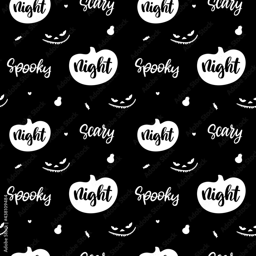 Never ending vector background with funny scary faces, pumpkins and ...