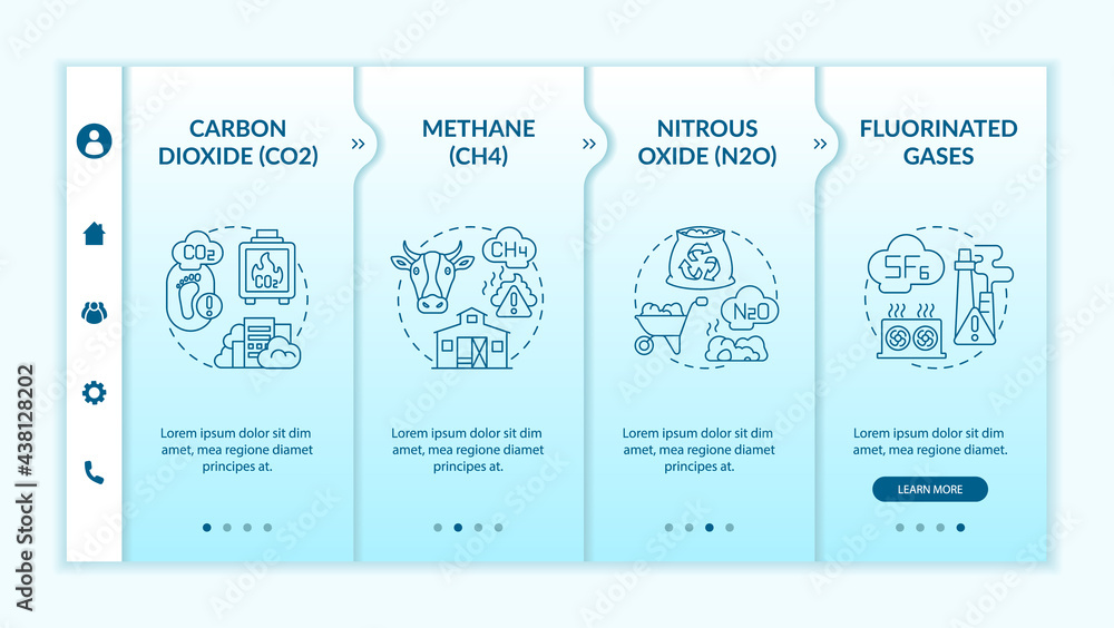 Principal greenhouse gases types onboarding vector template. Responsive ...