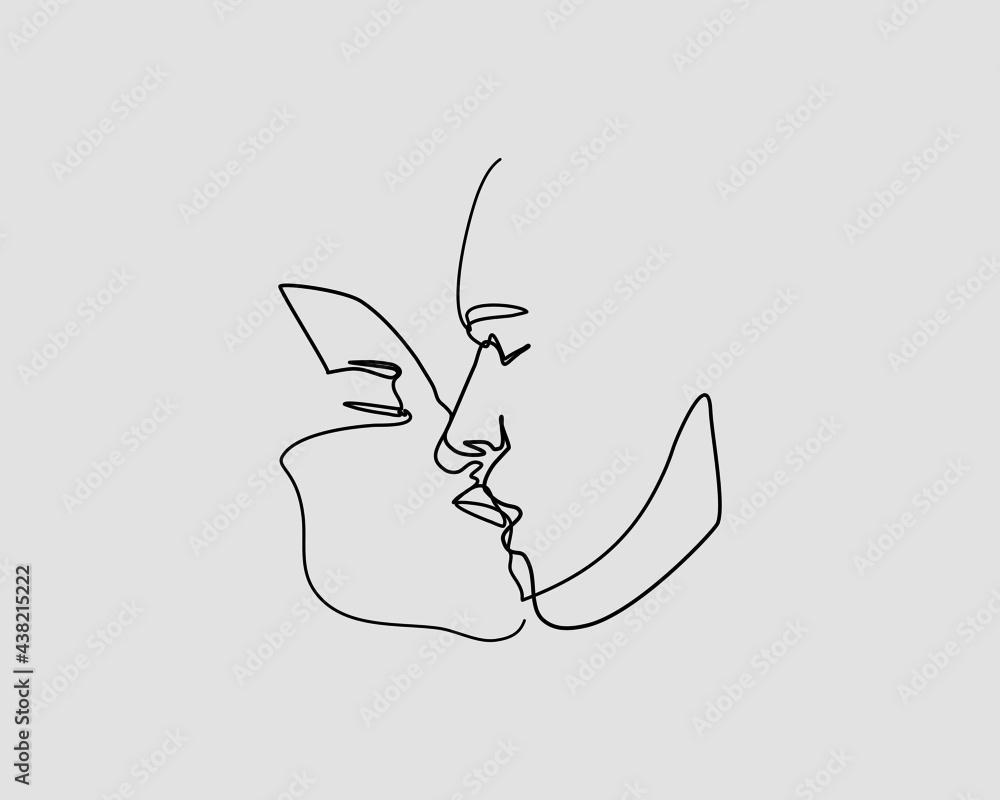 Continuous line, Close-up of young romantic couple is kissing. Drawing ...