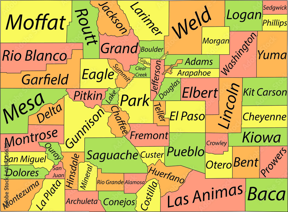Pastel vector map of the Federal State of Colorado, USA with black ...