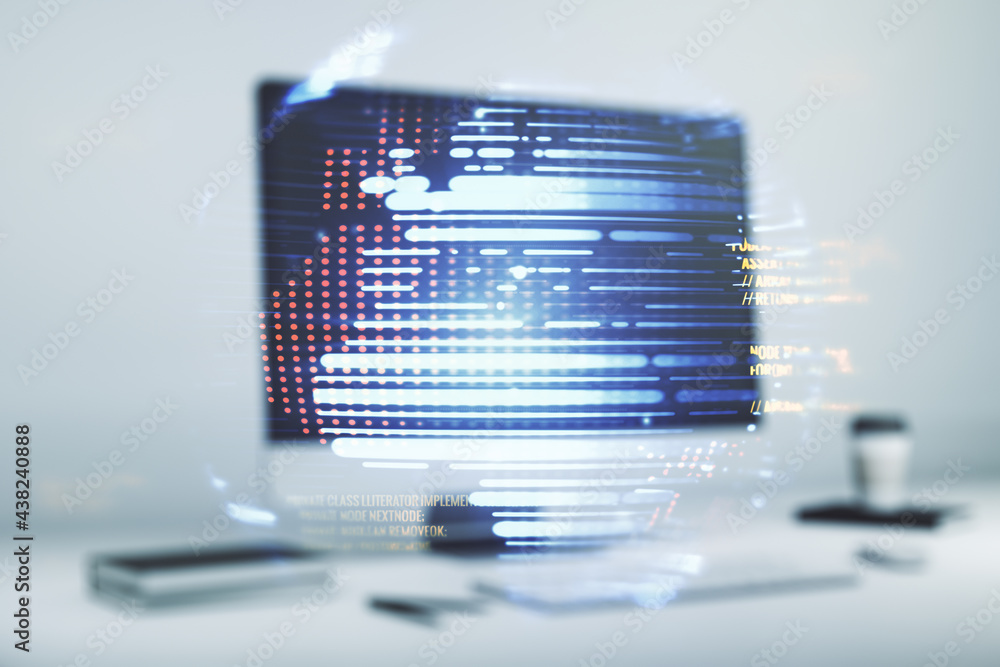 Double exposure of abstract programming language with world map on ...