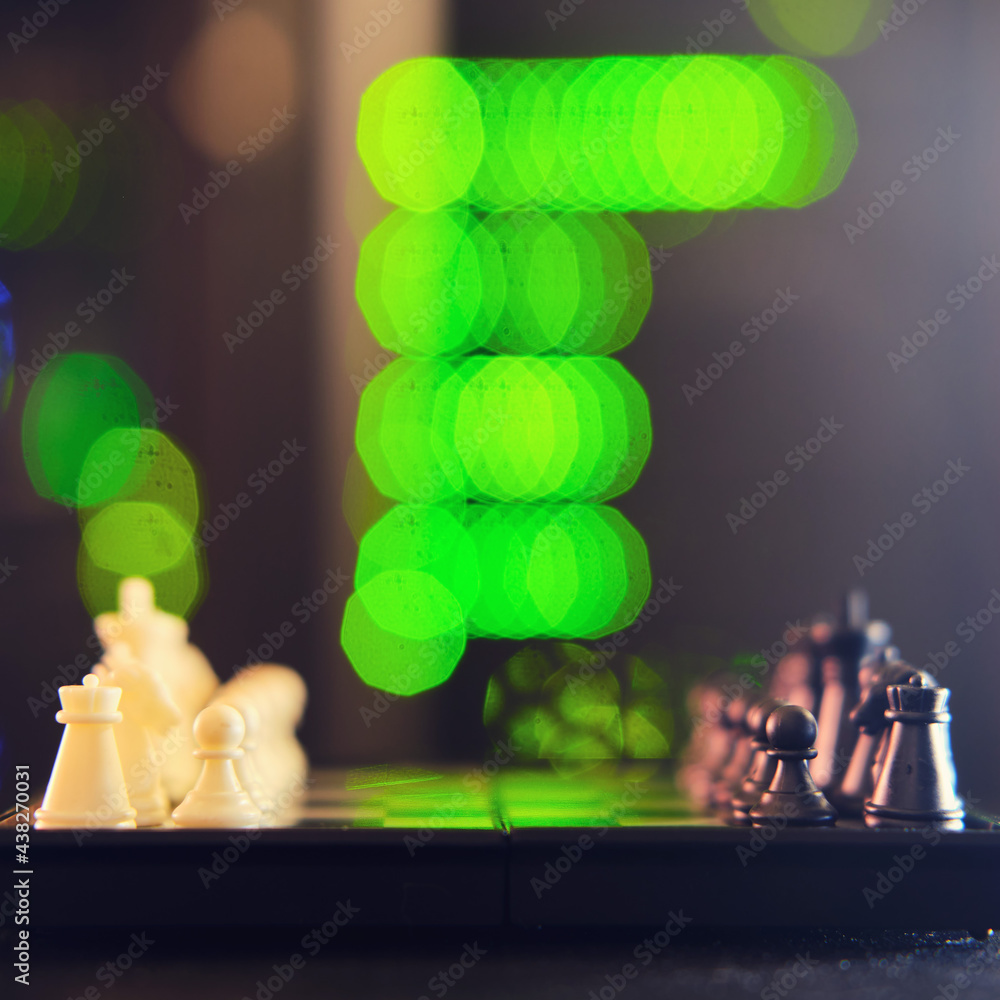 Chess board and high-tech artificial intelligence, background of bokeh ...