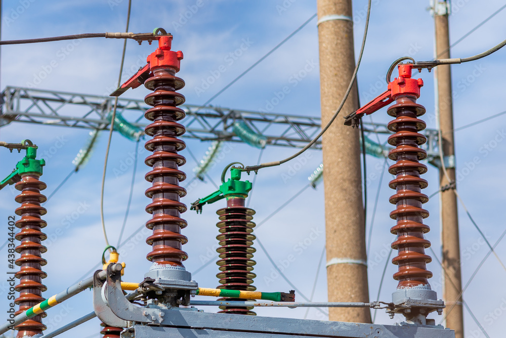 High voltage power transformer,generator electric in substation.Front ...