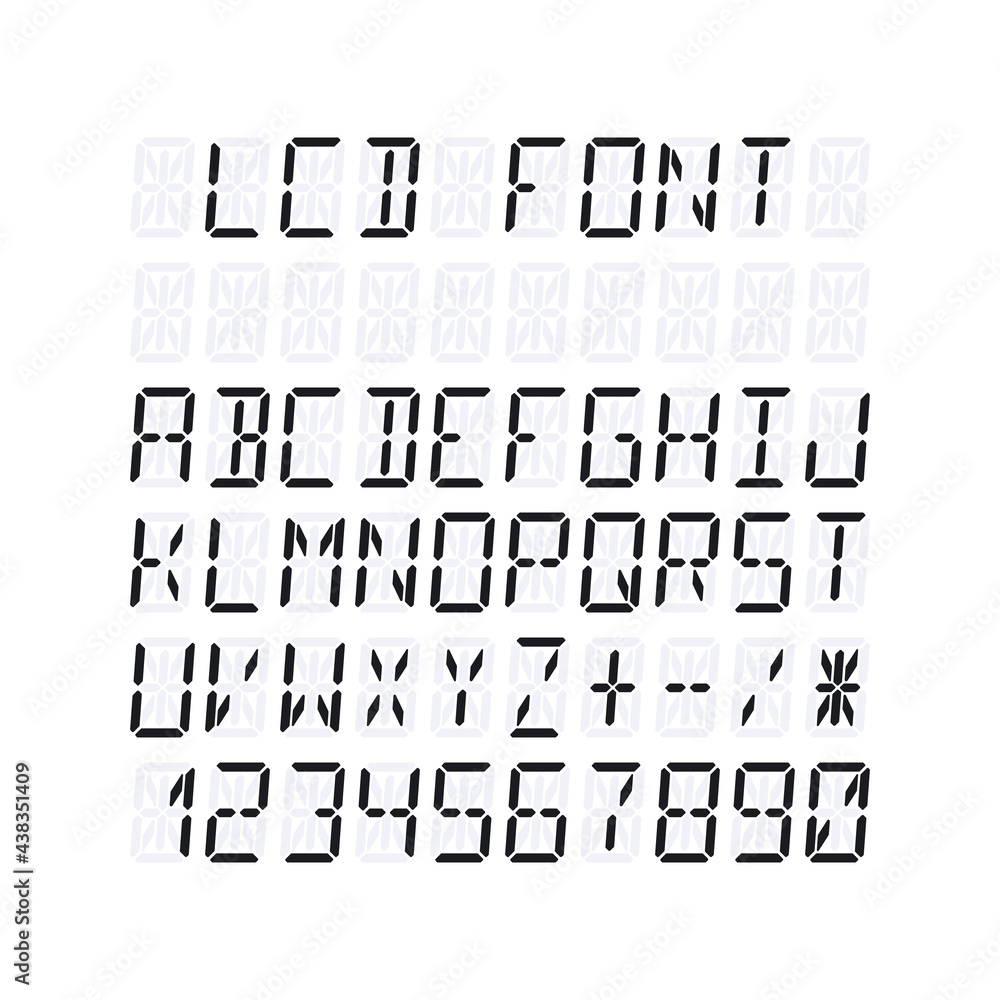 LCD font template for fourteen segment display. Vector illustration isolated on white background ...
