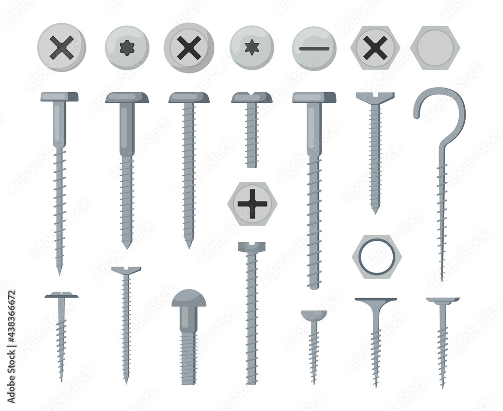 Various silver bolts and screws flat vector illustration set. Cartoon ...