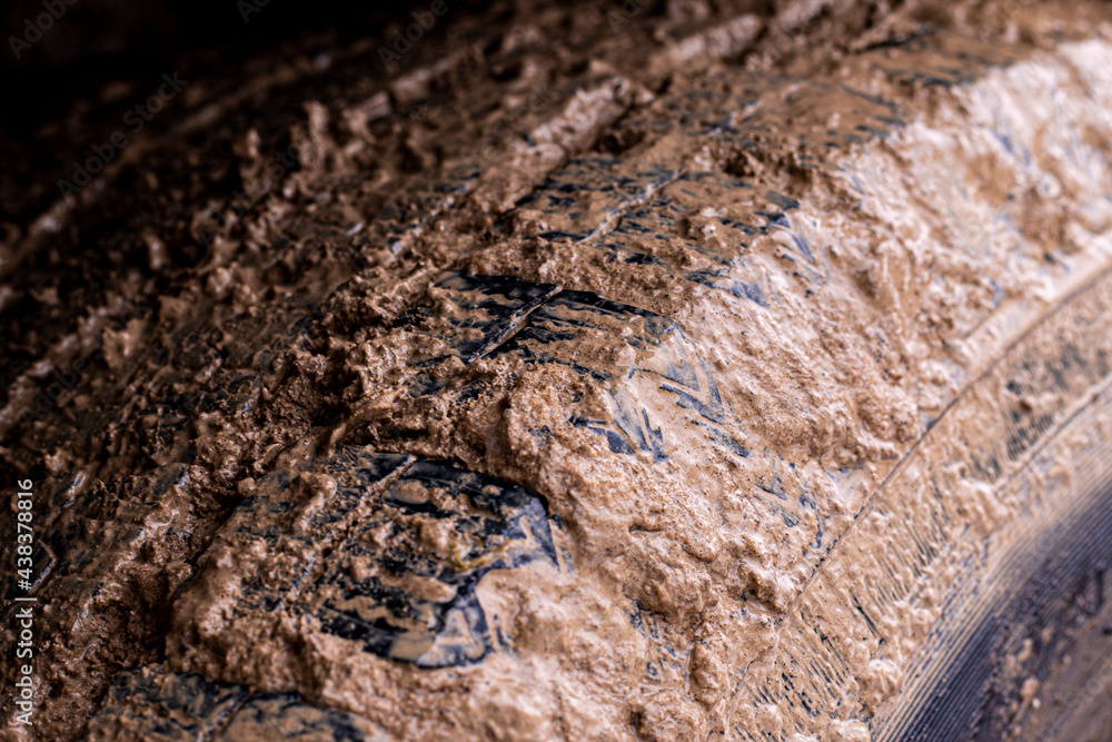 Car wheels in mud. Off road car dirty tire protector. Adventure travel ...