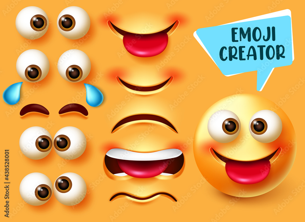 Emoji creator vector smiley set. Emoticon 3d character kit with ...