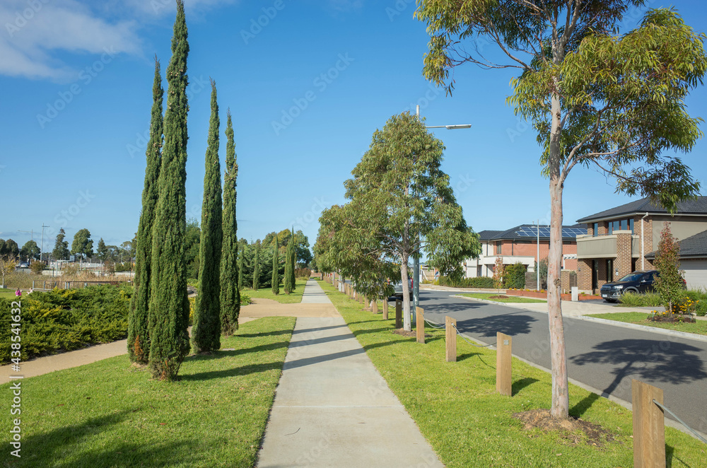 Photo Stock Pedestrian walkway or sidewalk in a suburban street lined ...