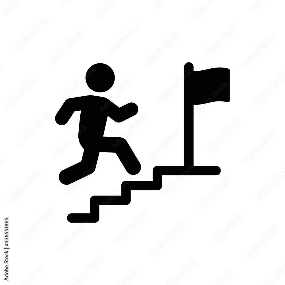 Vektor Man running on stairs to the flag of success. Vector icon illustration. Person climbing ...