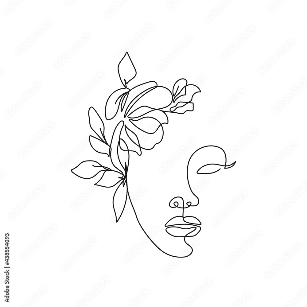 เวกเตอร์ Stock Woman Face with Flowers Line Art Drawing. Continuous One ...