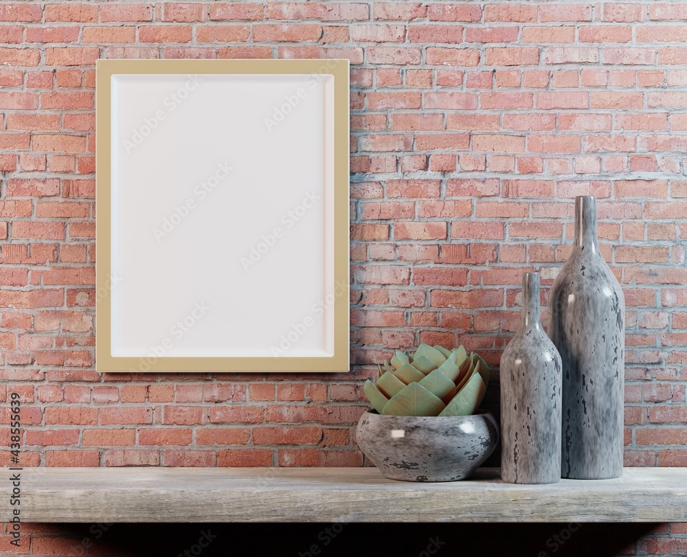 Empty vertical frame template on a brick wall above shelf with a plant ...