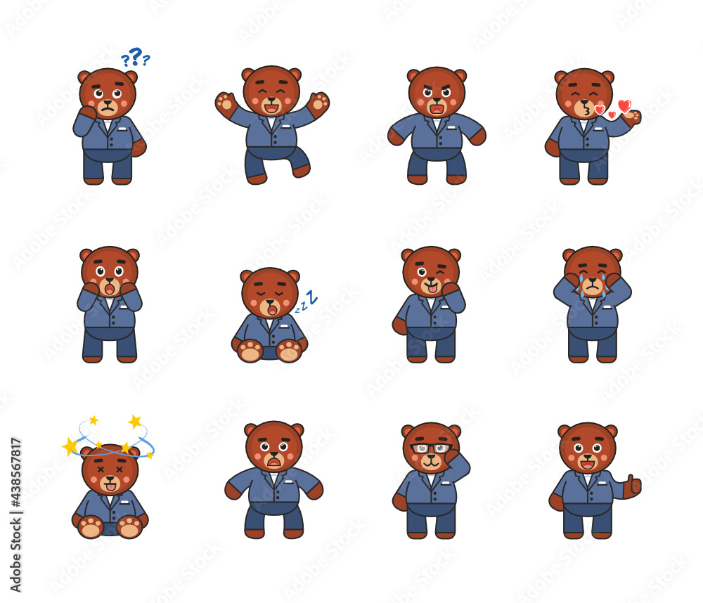 Set of bear characters in business suit showing various emotions. Cute ...