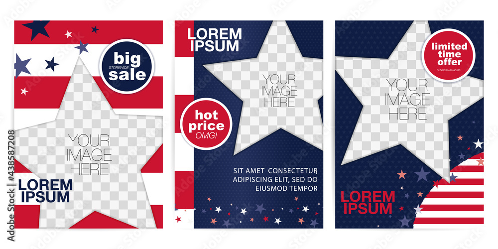 US flag inspired flyer template set for the 4th of July holidays. Sale ...