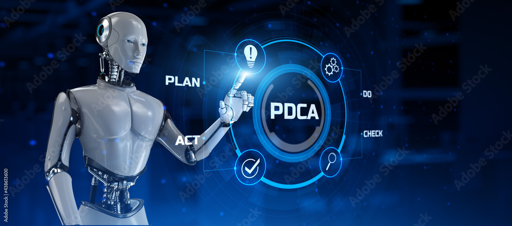 PDCA Plan do check act cycle. Robot pressing virtual button 3d render ...