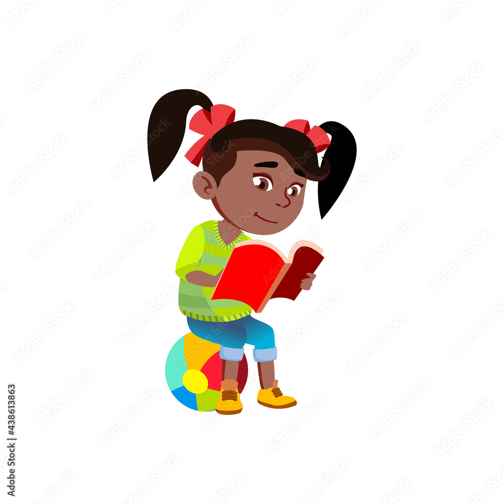african girl sitting on ball reading book cartoon vector. african girl ...