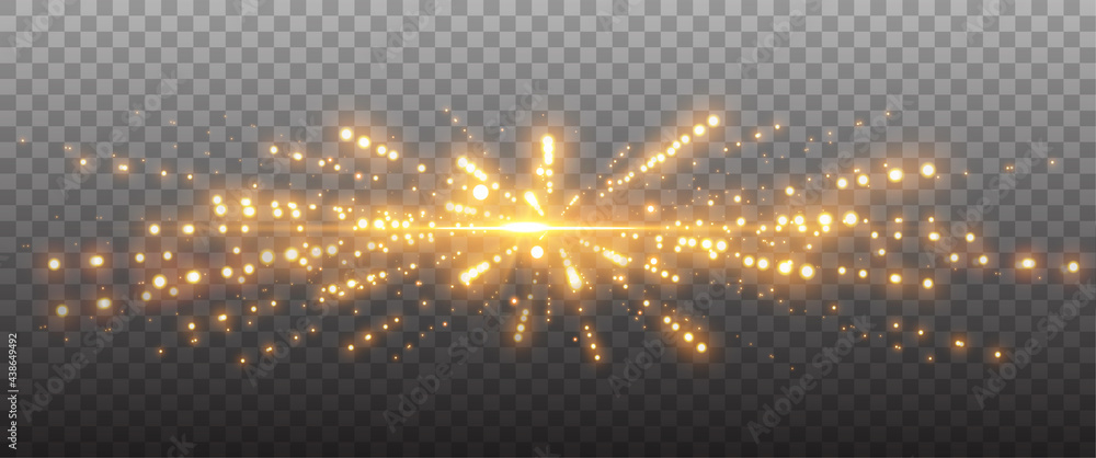 Gold glittering dots, sparkles, particles on a transparent background. Abstract light effect ...