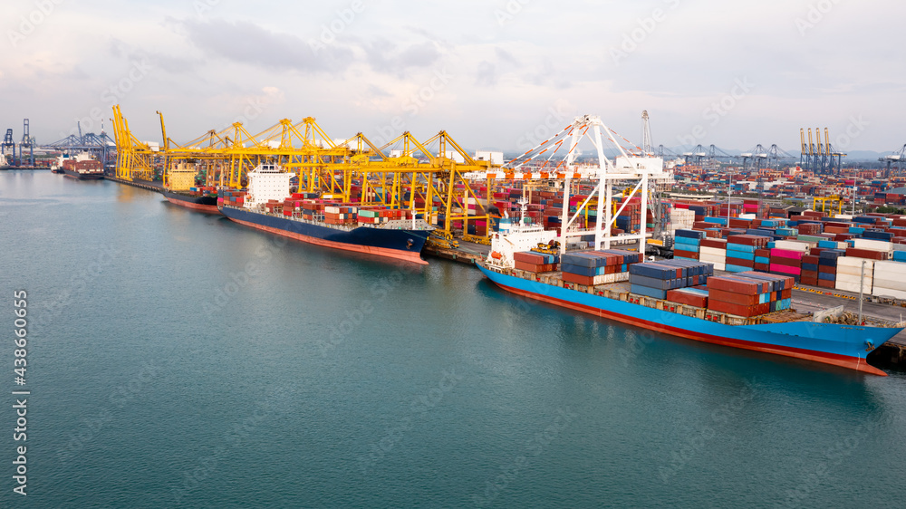 Container ship at industrial port in import export global business ...