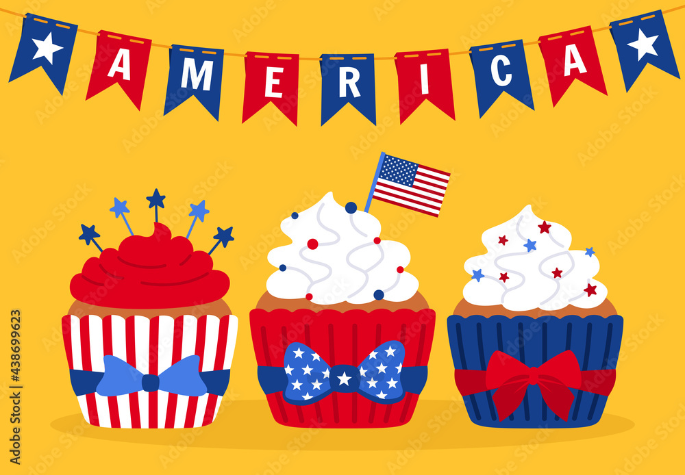 Card with cupcakes Independence day USA flag. Colored cartoon cakes and ...