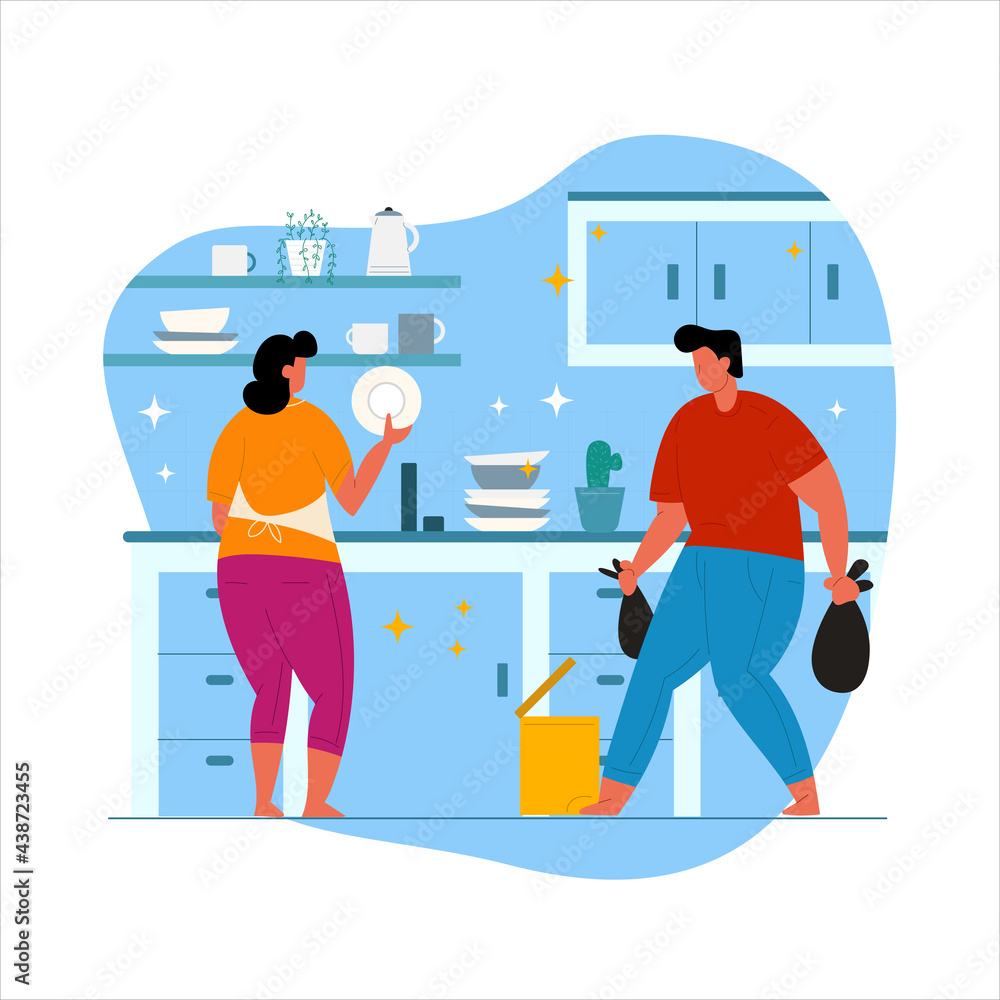 Cleaning Kitchen, Happy Family of woman and man Cleaning House on ...