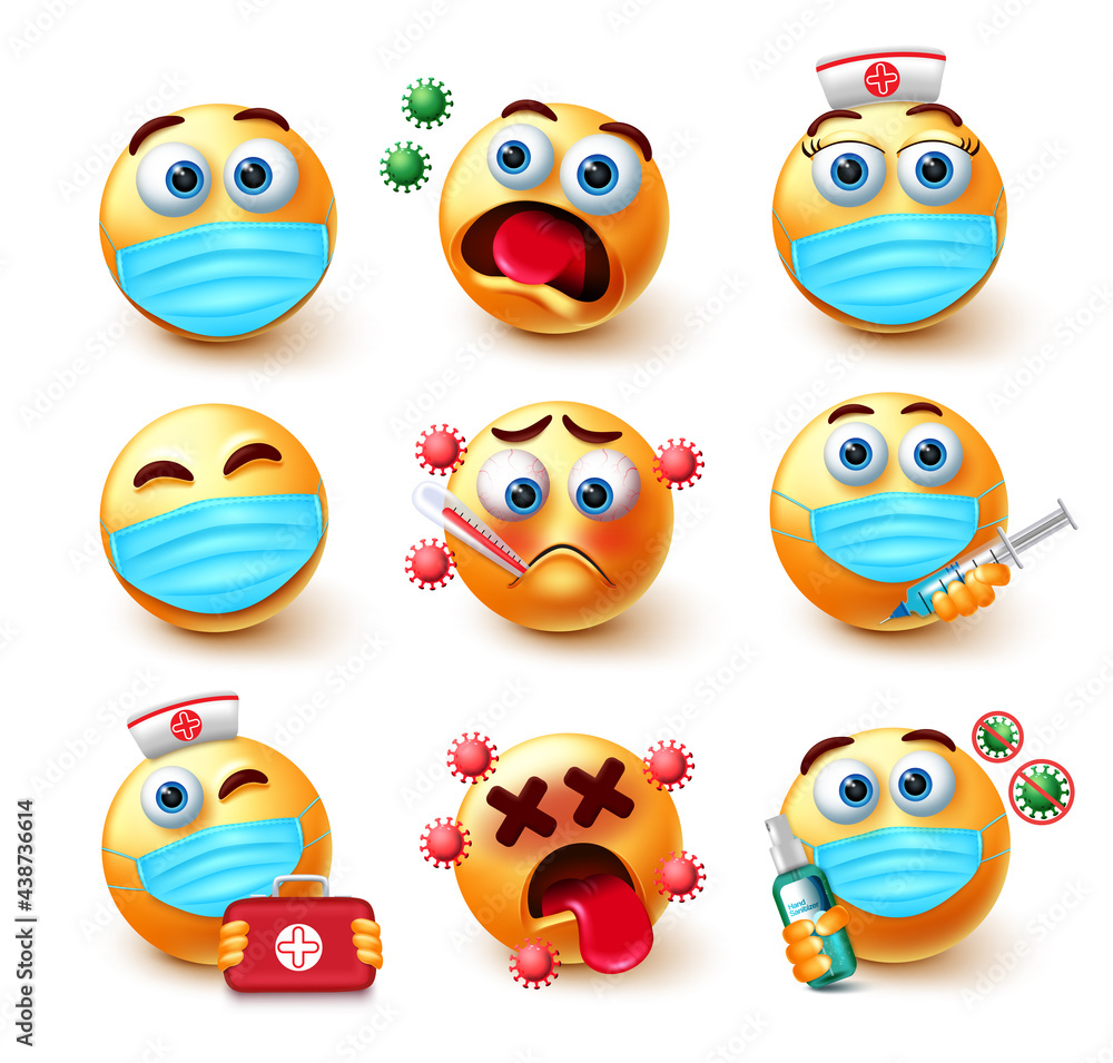 Smileys covid-19 emoji vector set. Emoticons 3d characters in healthy ...