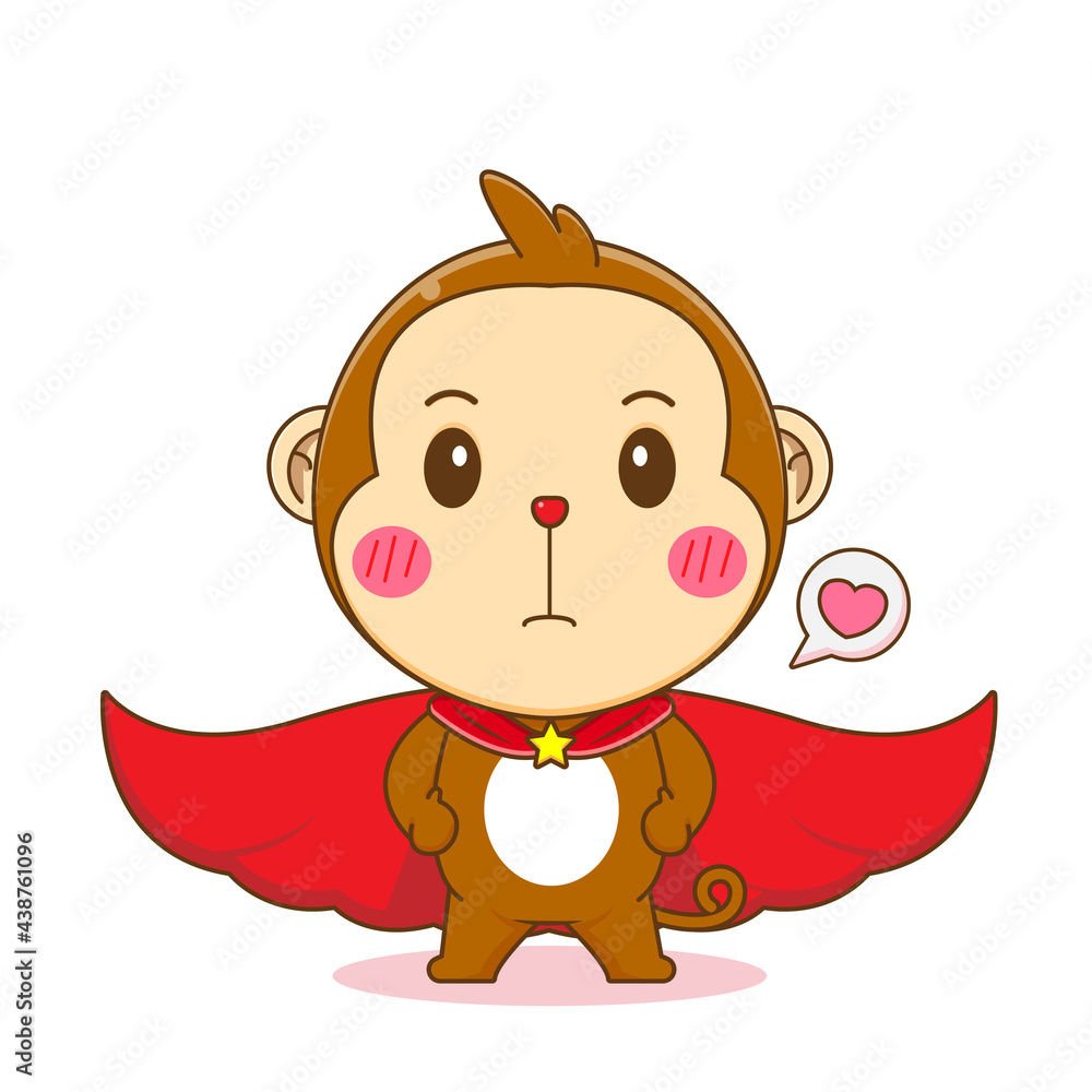 Cute monkey with cloak as super hero cartoon character illustration ...