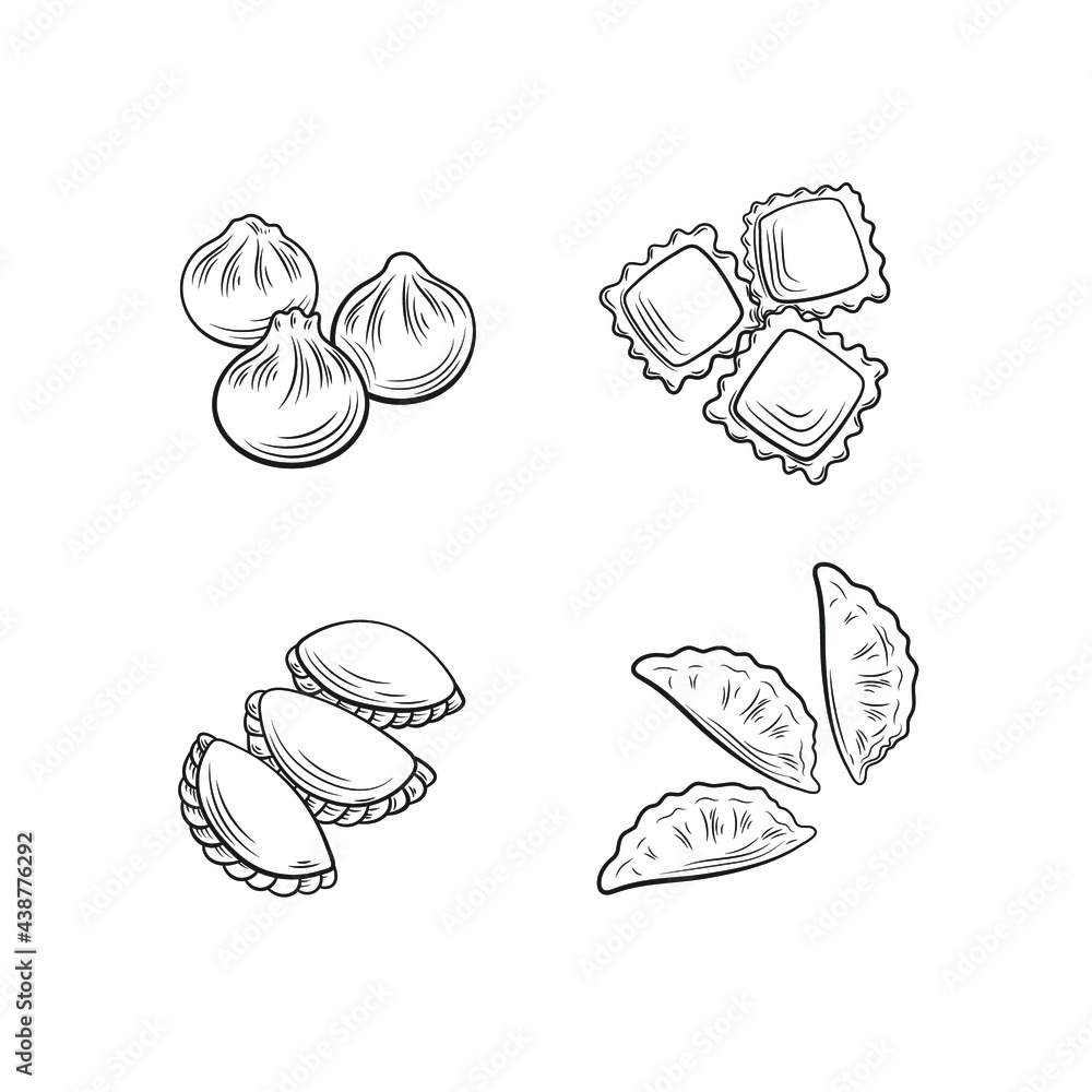 Vector set of different dumplings, outline drawings, black line ...
