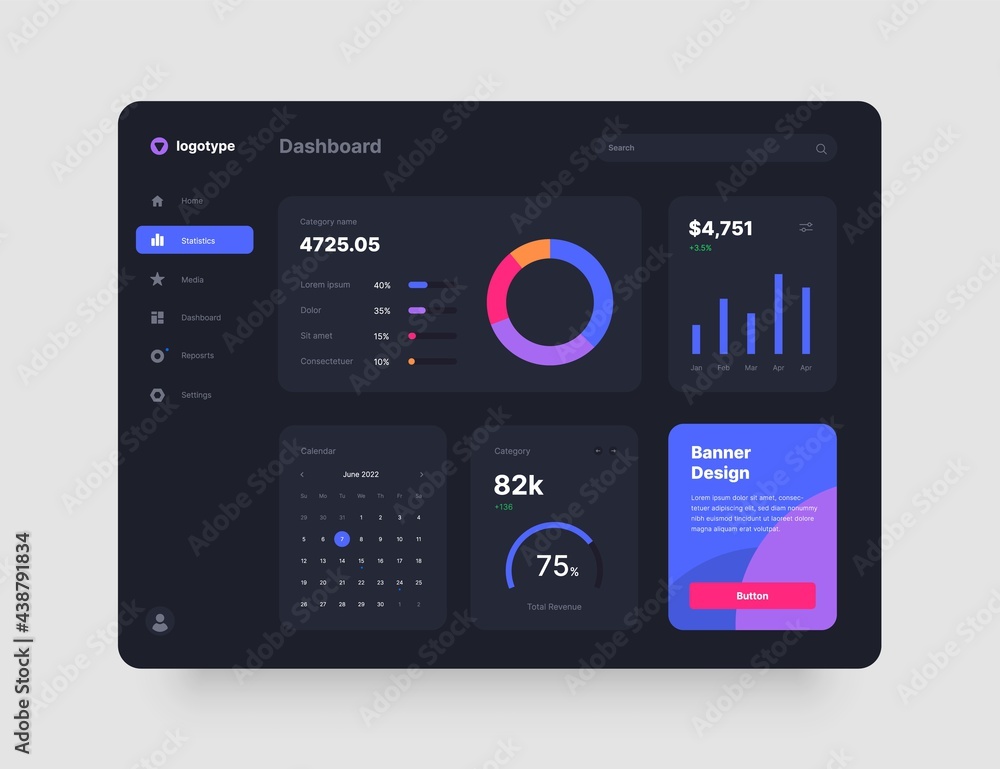 Dashboard Design. App interface with UI and UX elements. Use design for web application, desktop ...