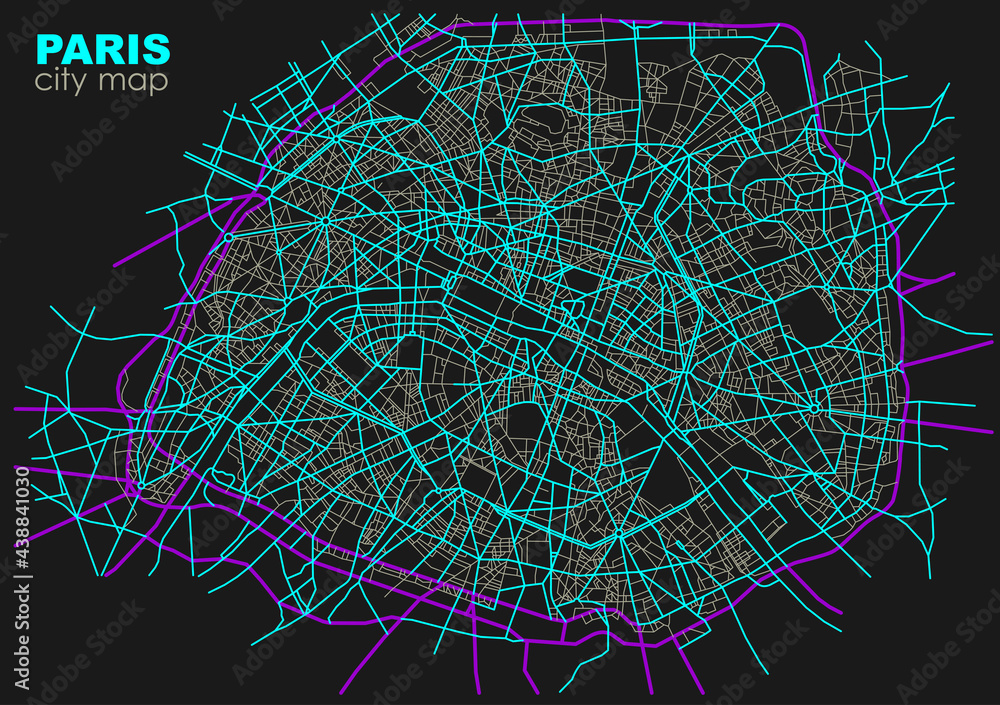 Paris France monochrome line city map. Plan of streets, urban ...