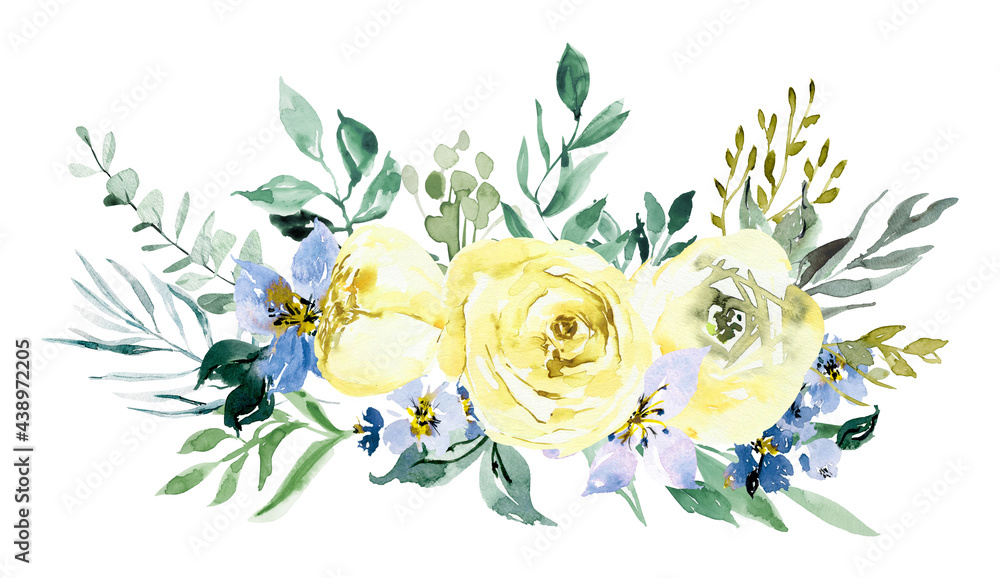 Watercolor yellow roses bouquet. Watercolor boho floral border. Wedding ...