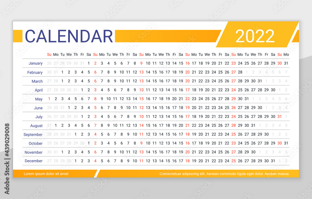 2022 year calendar. Linear planner template. Yearly horizontal calender ...