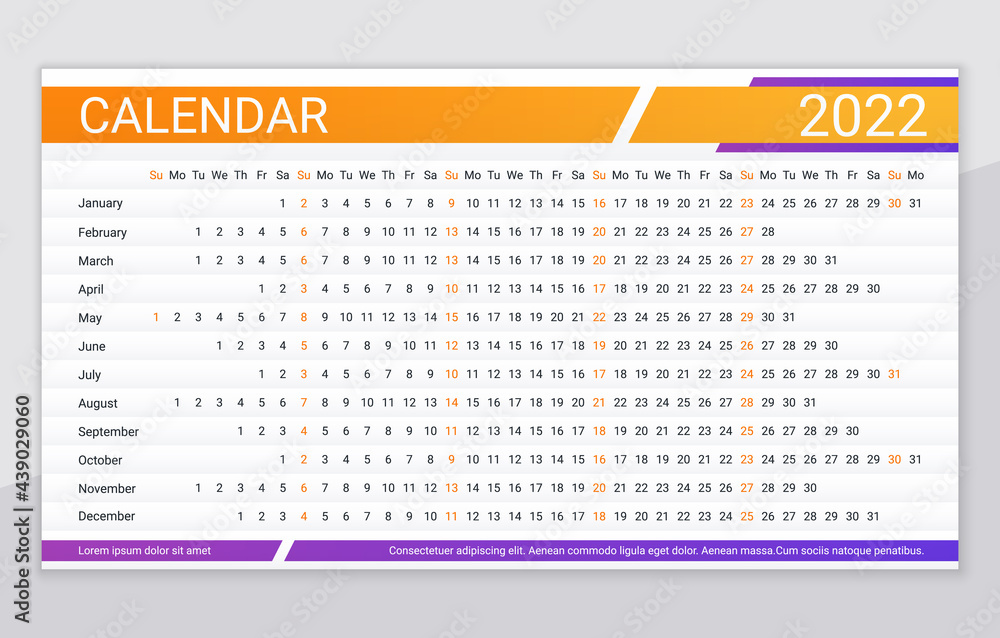 2022 calendar. Linear planner grid. Yearly horizontal calender. Vector ...