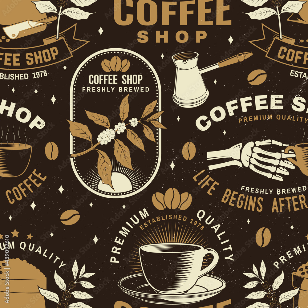 Set of Coffe shop seamless pattern or background. Vector Seamless scene ...