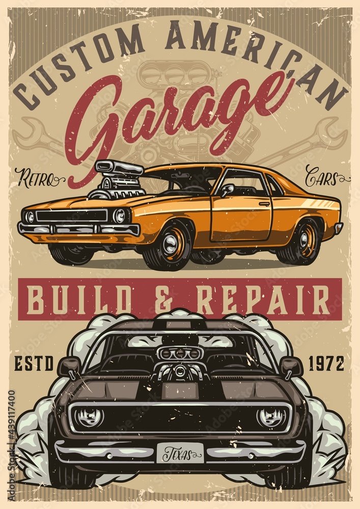 Muscle cars custom garage colorful poster Stock Vector | Adobe Stock