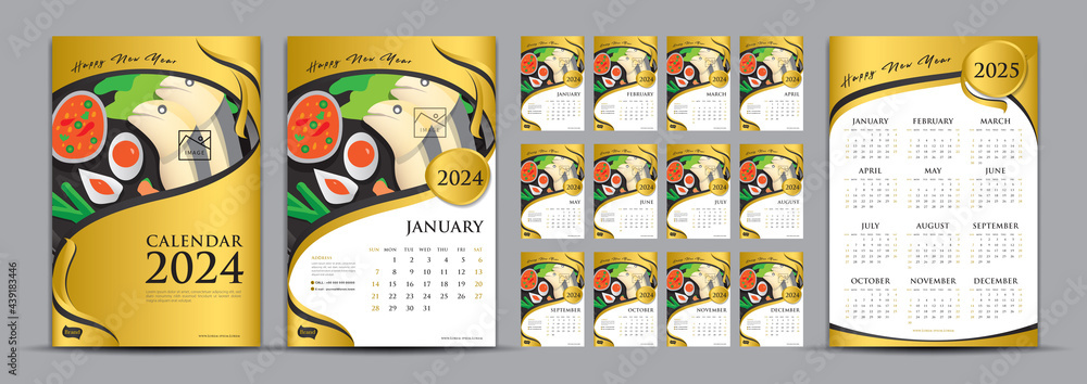 Desk calendar 2024 set and calendar 2025 year vector template, Gold ...