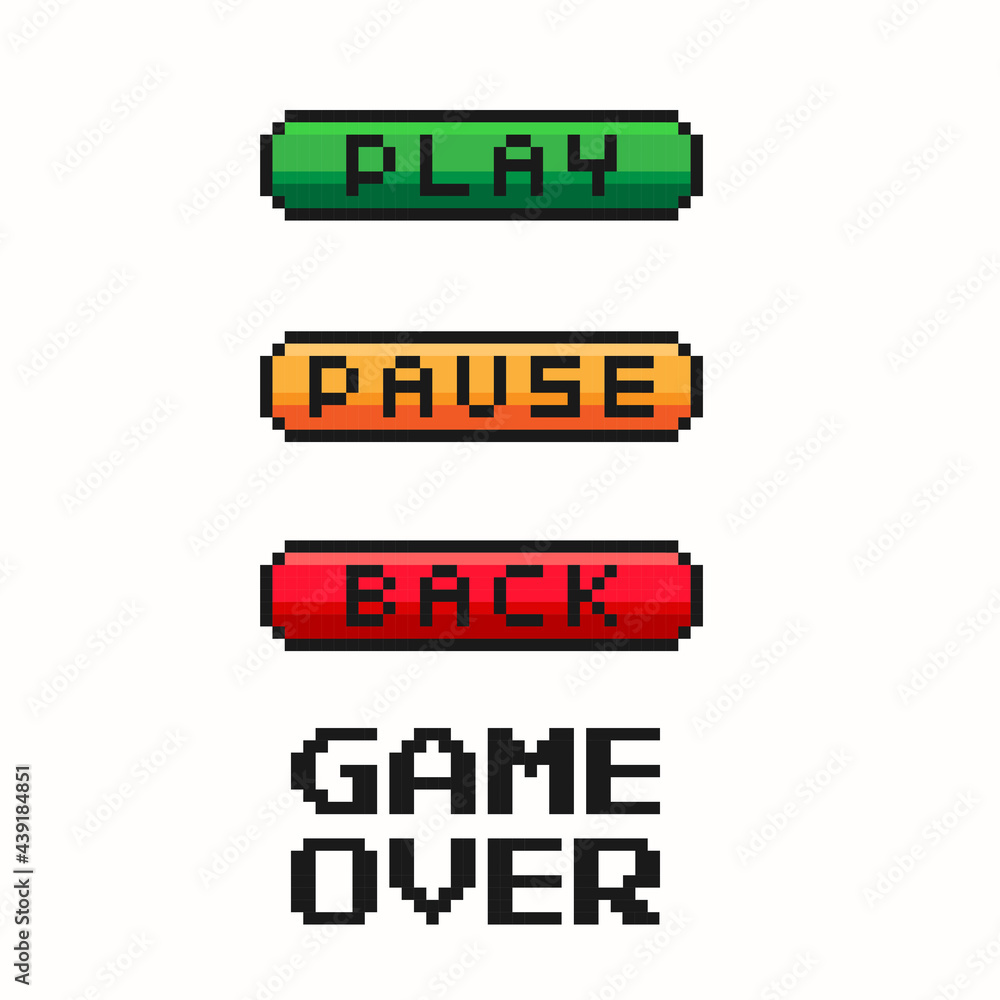 8 bit pixel game menu button - play, pause, back. Gaming controller ...