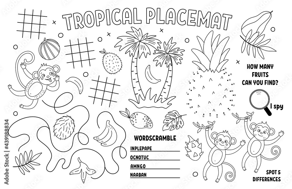 Vector tropical placemat for kids. Exotic summer printable activity mat ...