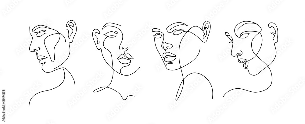 Set of stylized woman faces. Modern single line art. Woman beauty ...