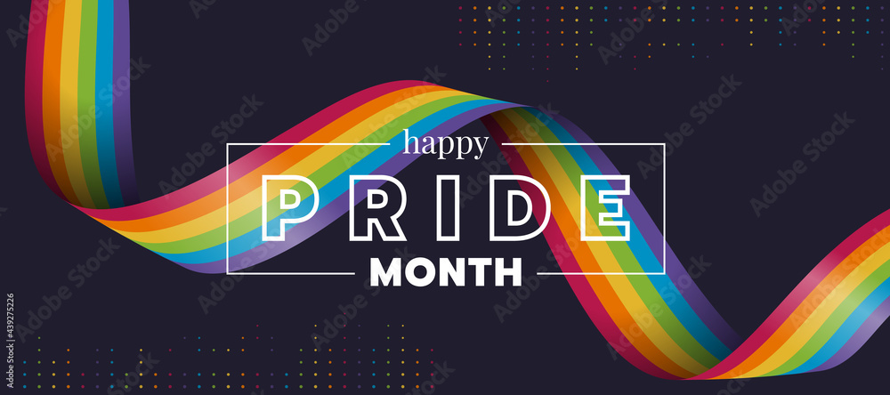 Happy Pride month text and rainbow pride ribbon roll wave on circle dot ...