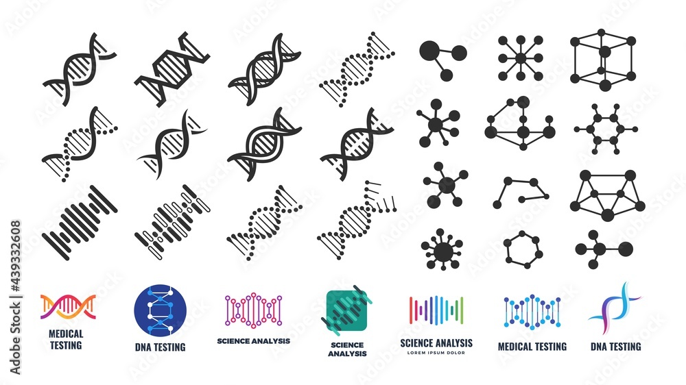 DNA molecular structure. Molecule icons, isolated lab signs. Chemical ...