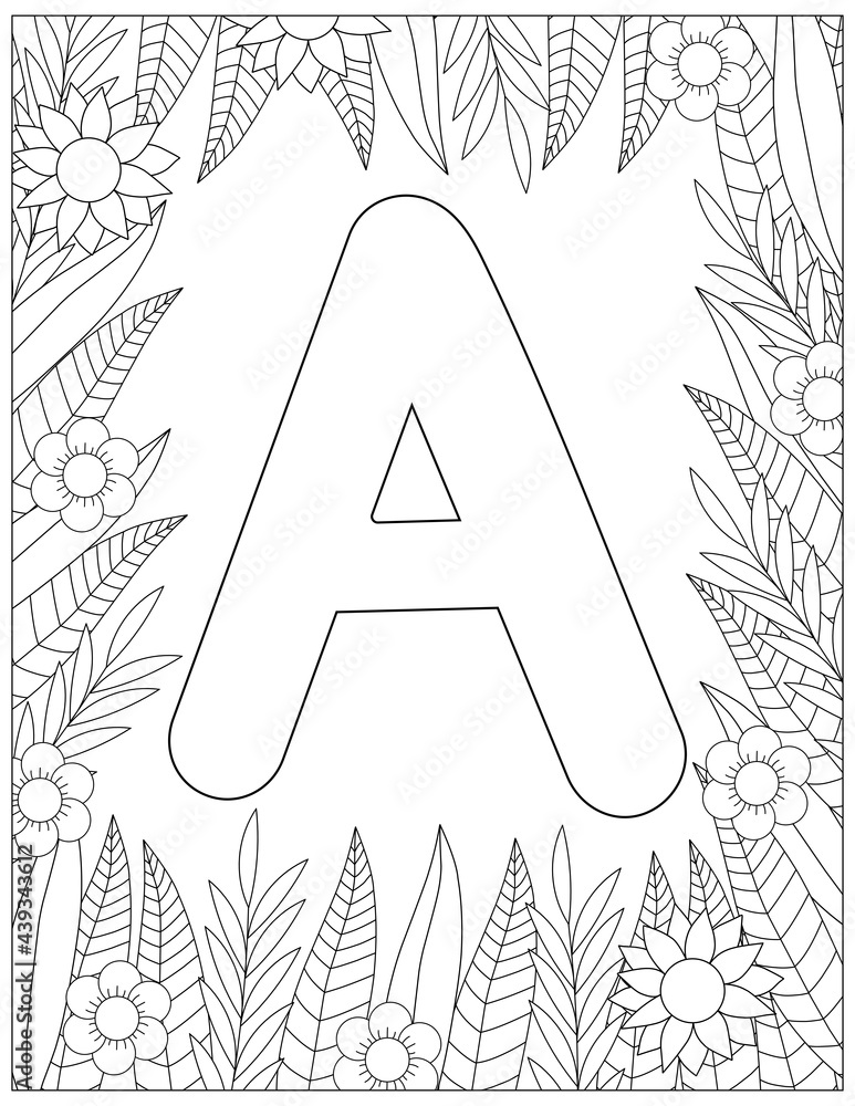 Letter A coloring page. Floral coloring. Stock Vector | Adobe Stock