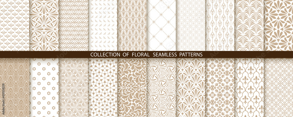Geometric floral set of seamless patterns. Beige and white vector ...