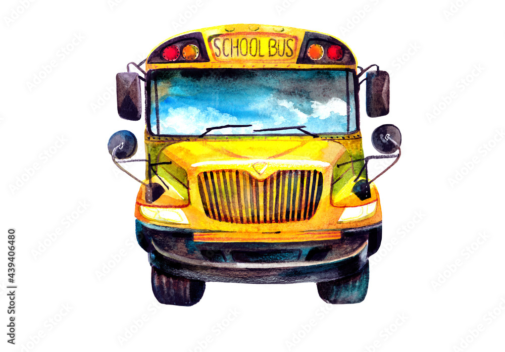 Cute school bus isolated on white background. Watercolour. Pastel ...
