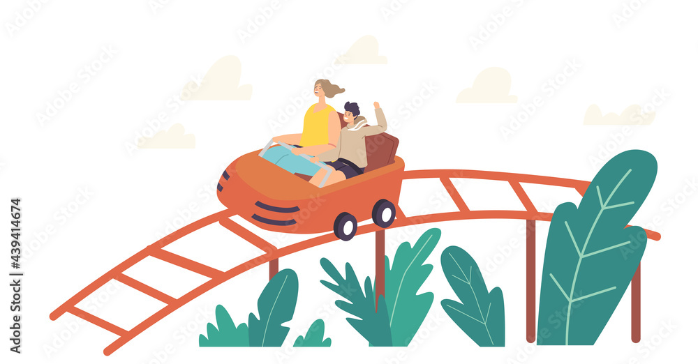 Mother and Son Characters Riding Roller Coaster, Family Extreme ...