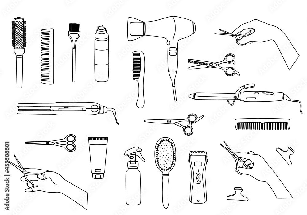 Black outline of hairdressing tools and hands hair dryer scissors curling iron combs. Hair salon accessories for design business cards and logos vector with editable stroke Adobe Stock