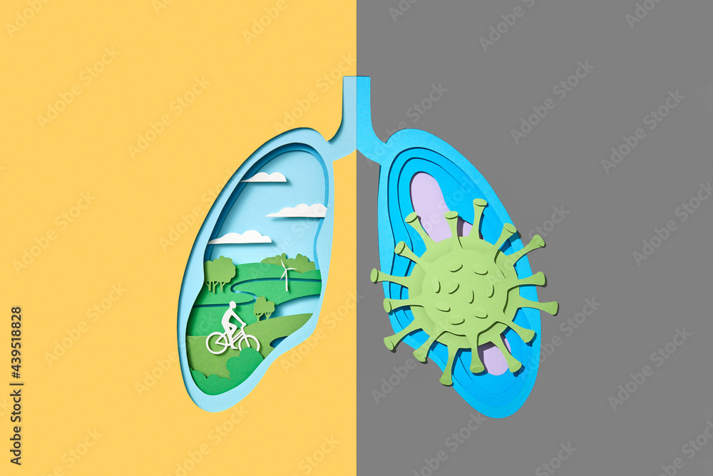Papercraft model of lungs with landscape and coronavirus particle Stock ...